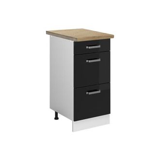 Vicco Meuble Cuisine R-Line, Noir Haute Brillance/Blanc, 40 cm avec tiroirs, PT Ch&ecirc;ne