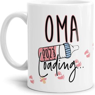 Tassendruck Tasse Babynews Du wirst Oma 2023 - Geschenkidee/Ladebalken/Endlich Schwanger/Schwangerschaft verkünden/Baby - Weiß