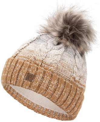 Faera Winterm&uuml;tze M&uuml;tze Damen warm gef&uuml;ttert mit Kunstfell Bommel-M&uuml;tze Fleecefutter Winter Strickm&uuml;tze Beanie, Farbe:Hellbraun