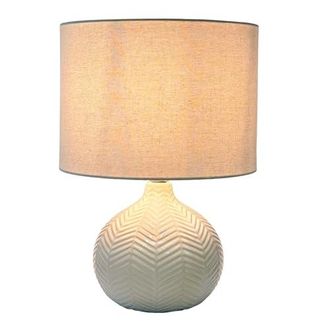 Relaxdays Tischlampe, Fischgr&auml;ten-Muster, Keramikfu&szlig;, Stoffschirm, E27, HxD: 42 x 30 cm, Nachttischlampe mit Kabel, wei&szlig;