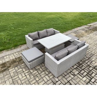 Fimous Polyrattan Gartenm&ouml;bel Set mit 2 Sofa, H&ouml;he verstellbar Esstisch und 2 Gro&szlig;er Hocker Outdoor Terrassen Essgruppe Helles Grau - Fimous