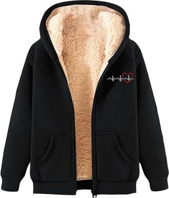 Generic Veste polaire en peluche pour femme avec imprimé coeur, sweat à capuche léger pour femme, doublure Sherpa chaude, costume dautomne pour femme, Noir, L