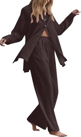 Generic Zweiteiler Damen Sommer Leinen Set Elegant Hosenanzug Leinenanzug Button Down Langarmshirt Loungewear Set High Waist Freizeithose Weite Hose Outfit Ca