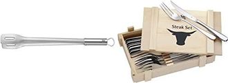 WMF BBQ Grillzange lang 44 cm, Cromargan Edelstahl & Steakbesteck 12-teilig, Steakbesteck Set f&uuml;r 6 Personen, Steakmesser, Steakgabel, Cromargan Edelstahl