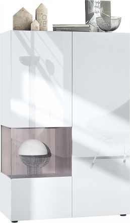 Vladon Vitrine Morena V2, Made in Germany, Standvitrine mit 2 T&uuml;ren und Glaseinsatz, Korpus Wei&szlig; matt, Fronten Wei&szlig; Hochglanz, Cube Eiche Nordic (91,5 x 136,