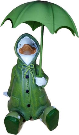 N / A sitzende Wetter Regen Ente mit Regenmantel und Regenschirm 18 x 10 cm Garten Tier Figur Deko 35661
