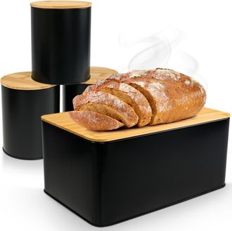 WENKO Brotkasten Vorratsdosen Set Brotaufbewahrung mit 3 Dosen K&uuml;chenorganizer f&uuml;r Brot Lebensmittel sicher aufbewahren Brotkasten Holzdeckel Bambus 32,5x21