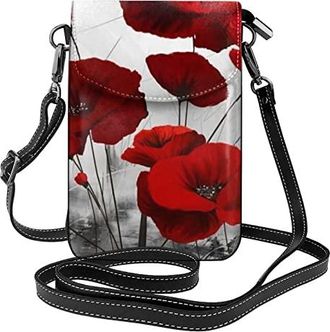 IUBBKI Porte-monnaie pour téléphone portable fleur de coquelicot rouge - petit portefeuille en cuir à bandoulière femmes bretelles sac transporter carte cosm