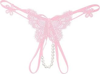 Generic Grande Taille Femmes Femmes brodé Creux Sexy Taille Basse caleçon Ouvert Coupe Perle Massage String Grande Taille Lingerie (Pink, One Size)