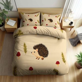 Generic 135 x 200 cm Bettw&auml;sche-Set 2 Teilig, Tiere Igel Tannenzweige Bettbezug mit Rei&szlig;verschluss Weiche Mikrofaser Kinderbettw&auml;sche mit 1 Kissenbezug, Creme