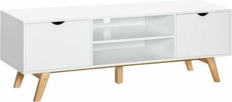 HOMCOM Meuble TV bas sur pied style scandinave 2 portes 2 niches passe-fils panneaux particules MDF blanc bois massif hévéa