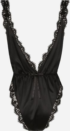 Dolce & Gabbana Body Mit Hohem Beinausschnitt Aus Satin Und Spitze - Frau Unterwäsche Schwarz 4