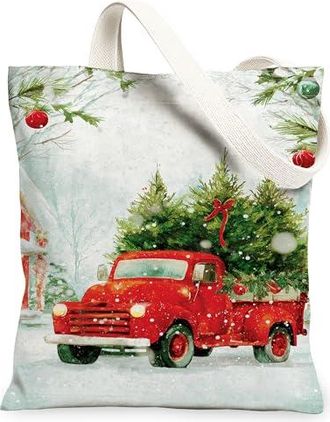 Generic Sacs fourre-tout en toile vintage de No&euml;l, motif arbre festif, sacs d&eacute;picerie r&eacute;utilisables, l&eacute;gers et lavables avec bandouli&egrave;re, Rouge, 13x15 Inch