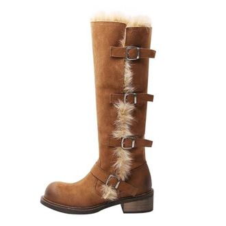 Generic Bottes Hautes Femme dHive Talon Bas Bout Rond Doublure En Peluche Chaude Boucle Bottes Semelle Antid&eacute;rapante Vintage Tendance Chaussures D&eacute;contract&eacute;es