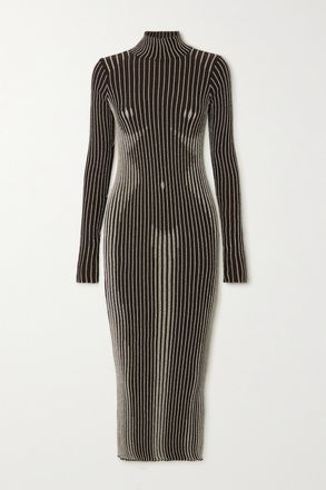 Jean Paul Gaultier Trompe Loeil Midikleid Aus Einer Gerippten Metallic-merinowollmischung Mit Stehkragen - Braun