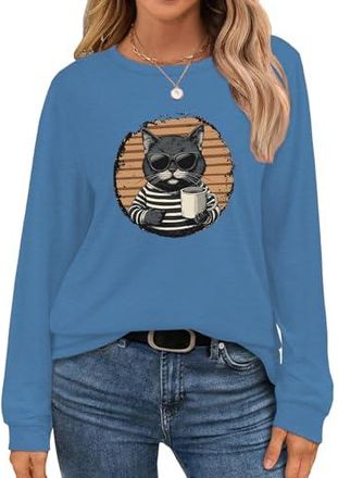Generic T-shirt &agrave; manches longues pour femme, motif chat dr&ocirc;le et col rond | V&ecirc;tements tendance dautomne | Coupe ample | pour v&ecirc;tements de rue, bleu, XXL