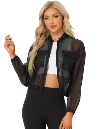 Allegra K Damen Transparente Bomberjacke Durchsichtige Jacken Langen &Auml;rmeln Rei&szlig;verschluss Schwarz XL