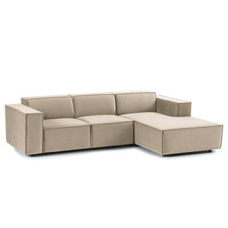 Studio Copenhagen home24 Ecksofa mit Longchair Beige/Beige Samt Shyla 260cm Longchair davorstehend rechts Keine Funktion Glamour