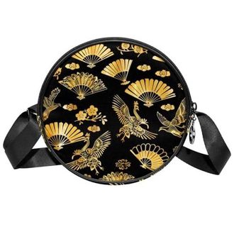 Generic Sac &agrave; bandouli&egrave;re circulaire pour femme, motif floral et ventilateur de grue, petit sac &agrave; dos &agrave; bandouli&egrave;re avec fermeture &eacute;clair, bretelles r&eacute;glables