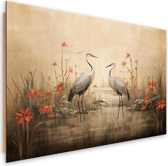 Feeby Deco Panel Pflanzen Blumen Kranich 120x80 cm 1 tlg Schlafzimmer Modern Deco Panel MDF Kunstdruck Wand Bild Wanddeko Design Wohnzimmer B&uuml;ro Flur Hotel 