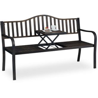 Relaxdays Relaxdays Banc de jardin avec table pliante, 3 places, solide, jardin, métal, balcon, HLP 89x150x58,5 cm, noir-bronze