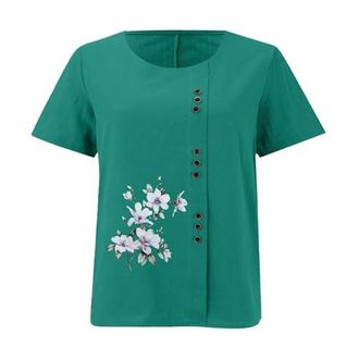 Generic Haut ample d&eacute;contract&eacute; &agrave; manches courtes et col rond en lin pour femme, chemisier d&eacute;t&eacute; &agrave; motif floral pour la plage, les vacances et les voyages, vert
