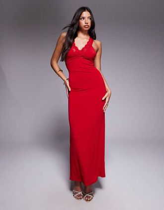 Tiger Mist Seraphine - Robe longue moulante près du corps avec empiècement croisé en dentelle - Rouge