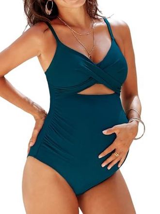 Cupshe Maillot de bain une pi&egrave;ce pour femme - Envelopp&eacute; sur le devant - Maillot de bain de grossesse fronc&eacute; - Crochet dans le dos, bleu marine, Taille S