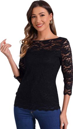 Allegra K Damen Top mit Blumen Spitzen 3/4-&Auml;rmel Rundhals L&auml;ssig Elegant Spitzenbluse Schwarz XS
