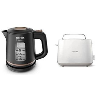 T-fal KI5338 Includeo Wasserkocher | 1 L | Anti-Rutsch-Griff | einfach abzulesende Wasserstandsanzeige | 360°-Drehsockel, Schwarz/Kupfer & Philips Toaster -