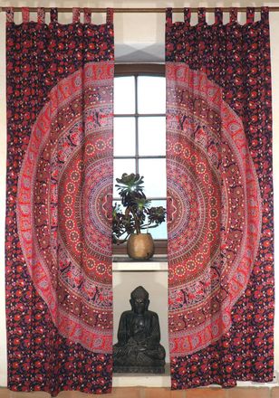 Guru Shop Boho Vorh&auml;nge, Gardine (1 Paar) mit Schlaufen, Handbedruckter Ethno Style Vorhang, Mandala Motiv - Lila/rot, Baumwolle, 230x100 cm