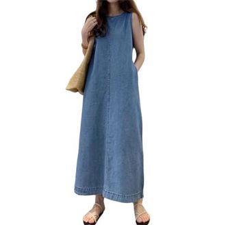 Generic Robe longue en jean d&eacute;contract&eacute;e sans manches pour femme - Col rond - Patchwork - Style vintage - Avec poches, bleu, 5XL