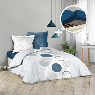 Douceur d'Int&eacute;rieur Douceur DInt&eacute;rieur - Housse de couette 240x220 cm voie lact&eacute;e - Drap housse 140x190 cm bleu nuit - 100% coton - Bonnet 30 cm pour matelas
