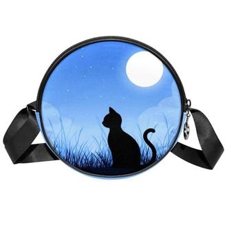 Generic Petit sac &agrave; bandouli&egrave;re rond pour femme, motif chat et herbe clair de lune avec fermeture &eacute;clair, bretelles r&eacute;glables, sac &agrave; main rond d&eacute;contract&eacute; pou