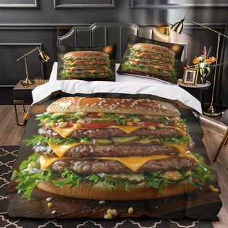 Generic Bettwäsche 140x200 Hamburger 3D Bettwäsche-Sets Leckeres Essen 3 Teilig Superweich Mikrofaser Bettbezug und 2 Kissenbezüg 80×80cm mit Reißverschluss f