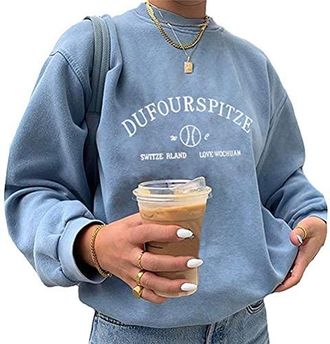 Onsoyours Pulls Femme Manches Longues Amples Grand Taille Sweatshirt Décontractée Col Rond Imprimé Vintage Chic Blouse Shirts Sweat Tops Z1 Bleu XL