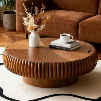 Generic Moderner Runder Geriffelter Couchtisch F&uuml;r Wohnzimmer Handgefertigter Trommel-Couchtisch Runde Mitteltische Mit Stabilem Sockel Geriffelte Runde Beist