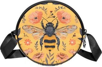 Generic Sac &agrave; bandouli&egrave;re rond pour femme, motif fleurs dabeilles, petit sac &agrave; dos &agrave; bandouli&egrave;re avec fermeture &eacute;clair, bretelles r&eacute;glables, sac &agrave; main rond d