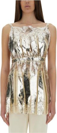 Paco Rabanne Femme, Blouses et Chemises, Beige, Taille: 36 FR Top Caraco M&eacute;tallis&eacute; Froiss&eacute; avec Dentelle
