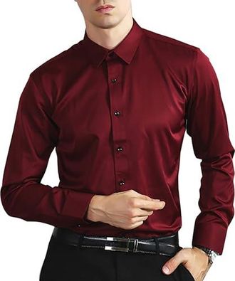 Generic Chemise en satin pour homme - Coupe ajust&eacute;e - Chemise de costume avec bouton Down - Chemise de travail avec col rabattu - Chemise de loisirs &eacute;l&eacute;gante 