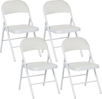 HOMCOM Lot de 4 chaises pliantes assise dossier rembourr&eacute;s acier synth&eacute;tique blanc