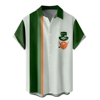 Generic Chemises de jour de la Saint-Patrick pour homme - Motif tr&egrave;fle imprim&eacute; hawa&iuml;en - Manches courtes - Boutonn&eacute; - &Eacute;t&eacute; - Printemps - Col montant - Chemises
