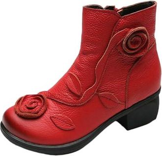 Generic YUJIEBB Bottes courtes rouges &agrave; talon bloc Automne Winte Femmes Appliques Cheville C&ocirc;t&eacute; Fermeture &eacute;clair Mode Chaussures de marche pour femme, Rouge, 