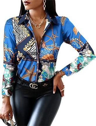 Onsoyours Chemisier Femme Blouse L&acirc;che D&eacute;contract&eacute; Manches Longues Shirt Patchwork Chemise Classique Chic Boutonn&eacute; Col en V Hauts Tunique Bleu 1 XS