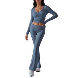 Generic Ensemble de détente 2 pièces assorti pour femme, haut légèrement court à manches longues, pantalon à jambes larges, survêtement décontracté, Bleu/gris