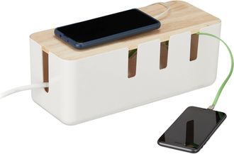 Relaxdays Kabelbox, für 2 Steckdosenleisten, Holzdeckel, Kunststoff, Kabel verstecken, HBT: 11,5 x 30,5 x 12,5 cm, weiß