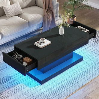 Generic Couchtisch 100x50x45 cm mit LED-Beleuchtung - Hochglanz Schwarz mit 2 Schubladen - Moderner Wohnzimmertisch & Beistelltisch