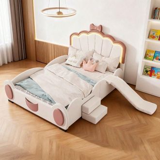 Generic Kinderbett 140x200 cm in Rosa/Weiß | Schmetterlings-Design mit LED-Farbwechsellicht | Rutsche & Leiter mit Fernbedienung | PU-Material in schöner Form