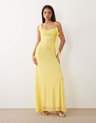 Asos Netzstoff-Maxikleid in Zitronengelb mit asymmetrischem R&uuml;schendetail und Bindedetail-Gr&uuml;n