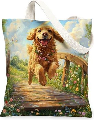 Generic Sac fourre-tout en toile motif chien Golden Retriever pour faire du shopping, 33 x 38,1 cm, sac d&eacute;picerie r&eacute;utilisable pour femme, motif floral amusan